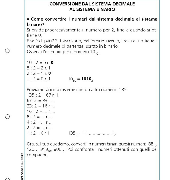 Conversione dal sistema decimale al sistema binario | Giunti Scuola